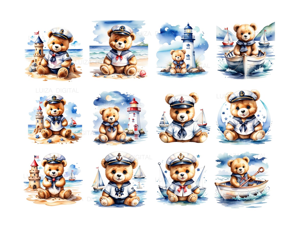 Cute Sailor Teddy Bear Clipart, Nautical Nursery Clipart, Baby Teddy ...