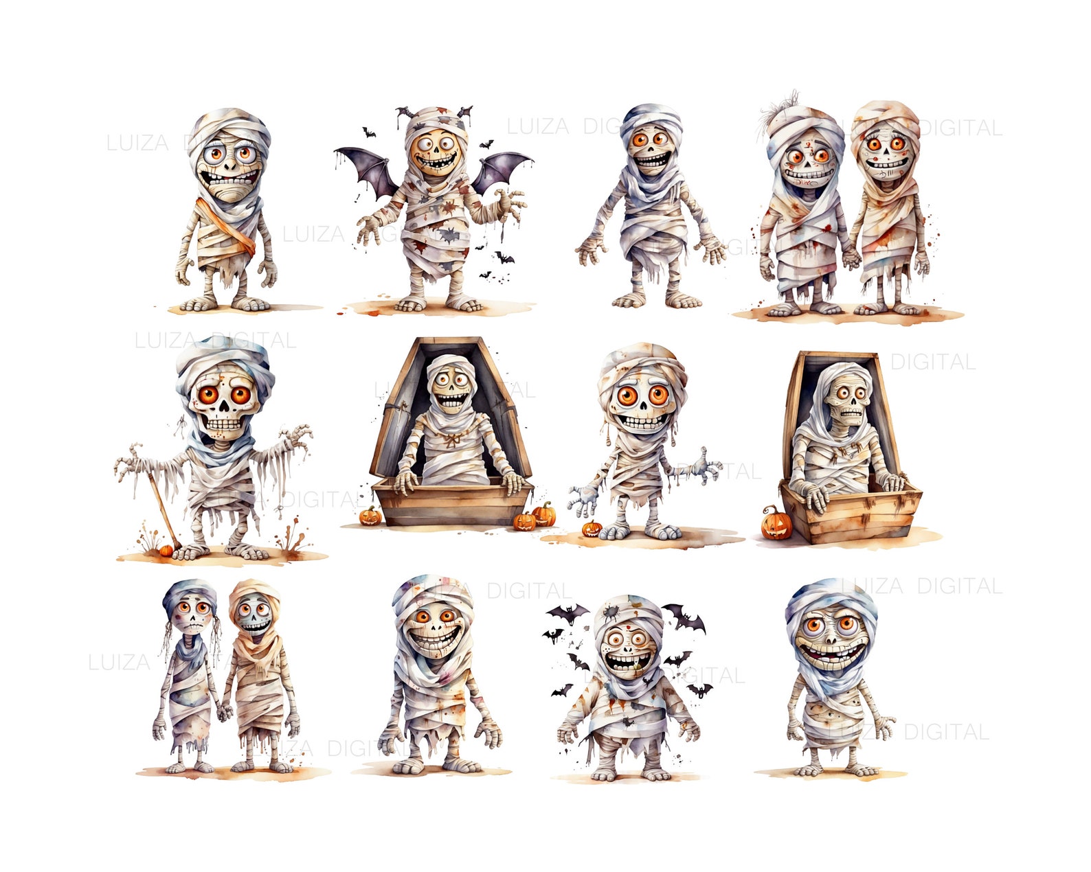 Watercolor Halloween Mummy Clipart, Halloween PNG, Cute Halloween ...