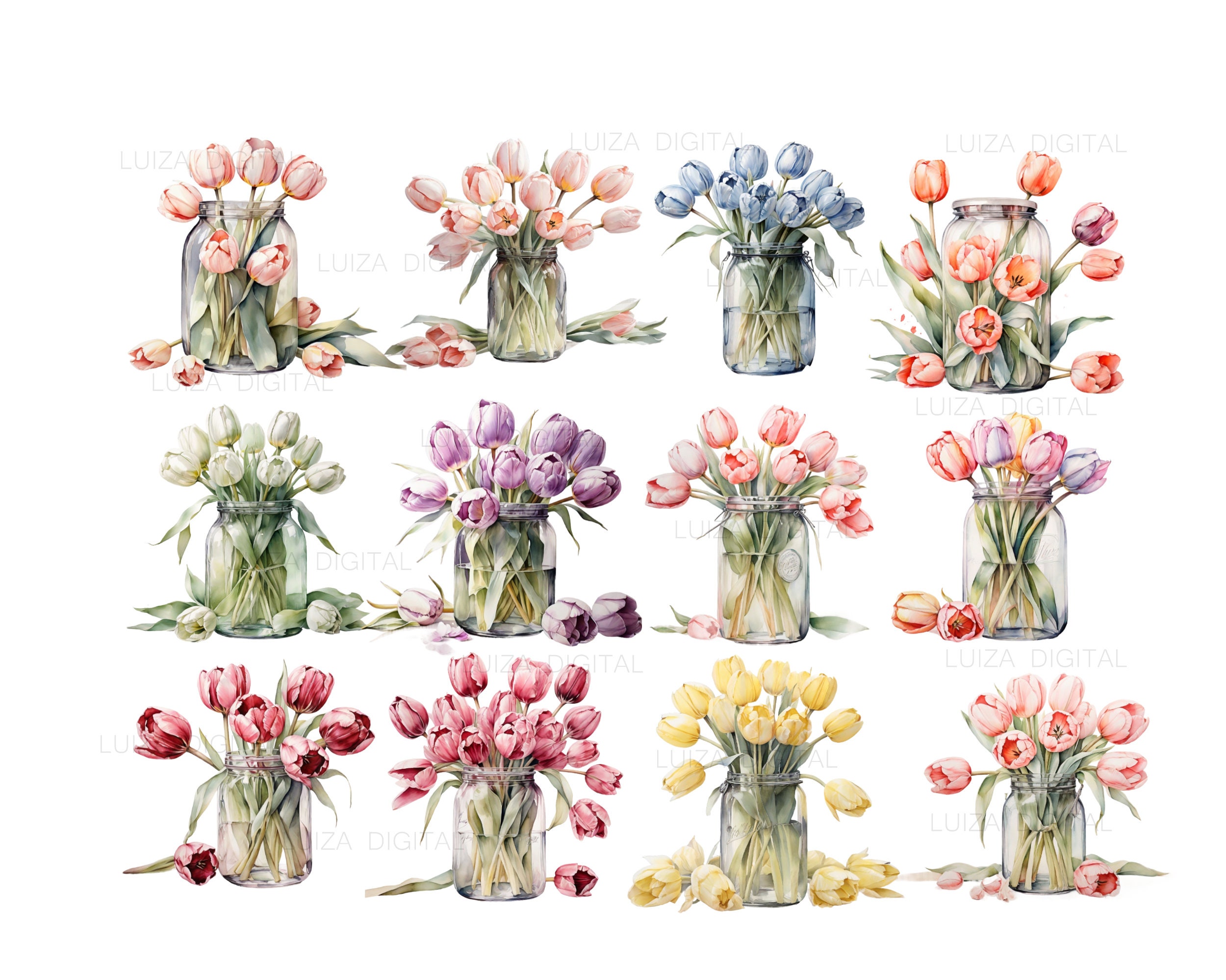 Watercolor Tulips Clipart, Tulips in Jar Clipart, Spring Clipart ...