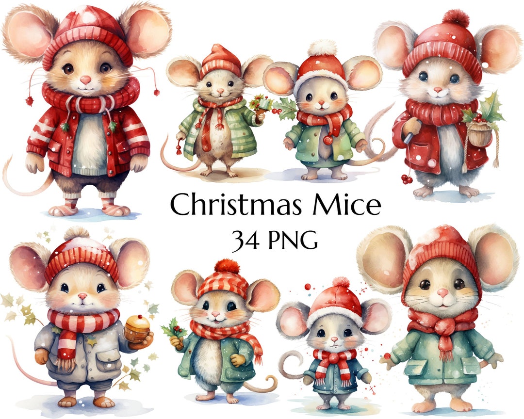 Watercolor Christmas Mice Clipart, Christmas Mouse, Winter Watercolor ...