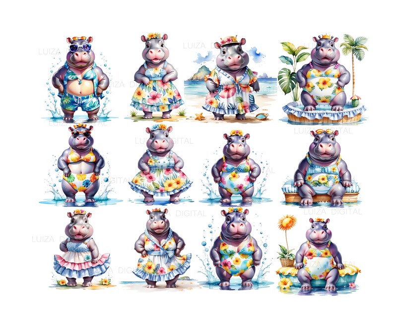 Funny Hippo Clipart, Summer Season, Watercolor Sublimation, Beach ...