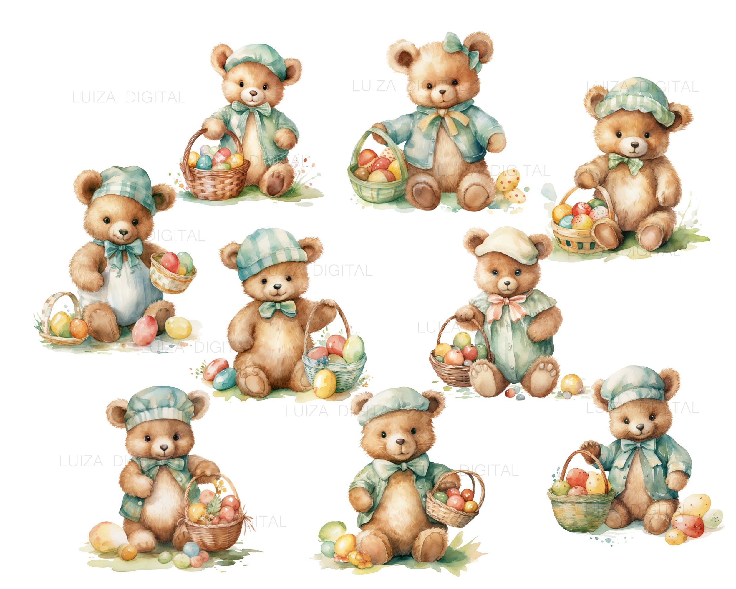 Watercolor Easter Teddy Bear Clipart, Country Farmhouse Easter Teddy ...