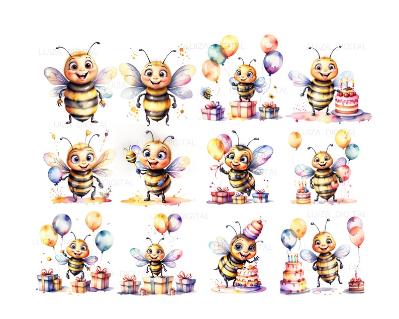Watercolor Bees Clipart, Birthday Bees Clipart, Cute Baby Bee Clipart ...
