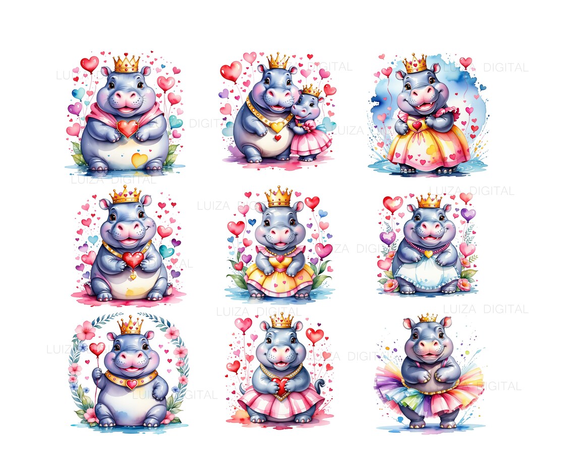 Watercolor Valentine Hippo Clipart, Love Clipart, Cute Hippo Png, Baby ...