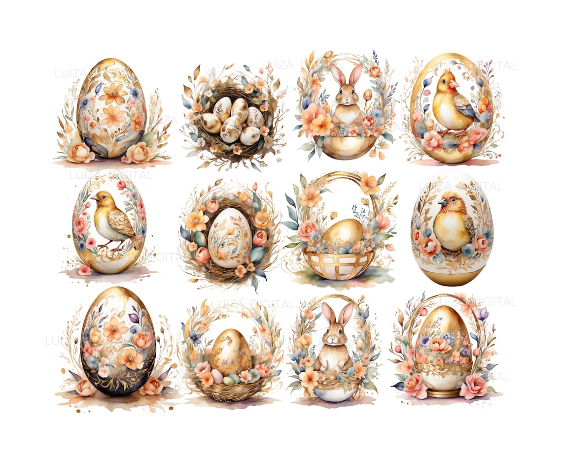 Gold Easter Egg Clipart, Rabbit Clipart, Gold Floral Easter Egg Clipart ...
