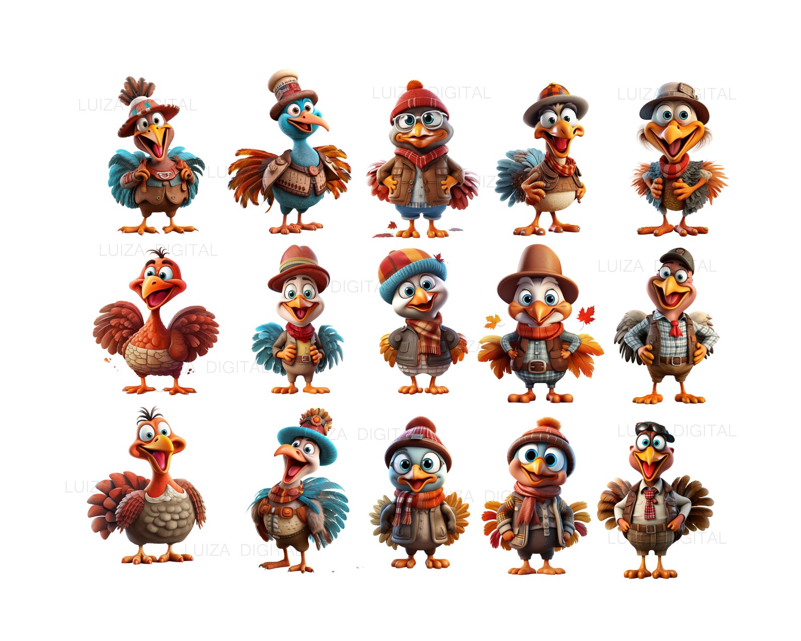 Watercolor 3D Turkey Clip Art, Funny Thanksgiving Turkey, Cartoon ...