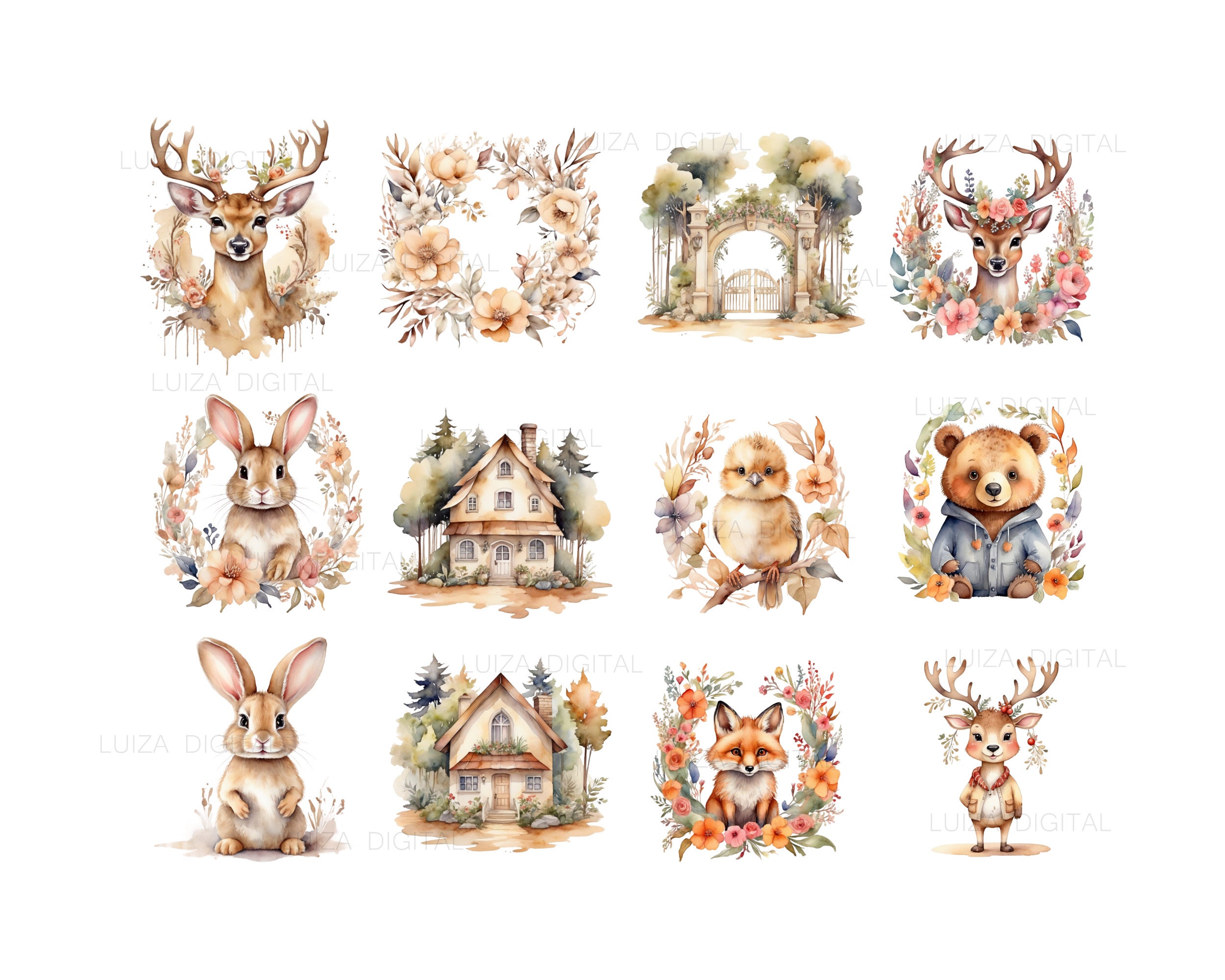 Woodland Clipart, Woodland Animals, Trees, Mushrooms Clipart, Bear, Fox ...
