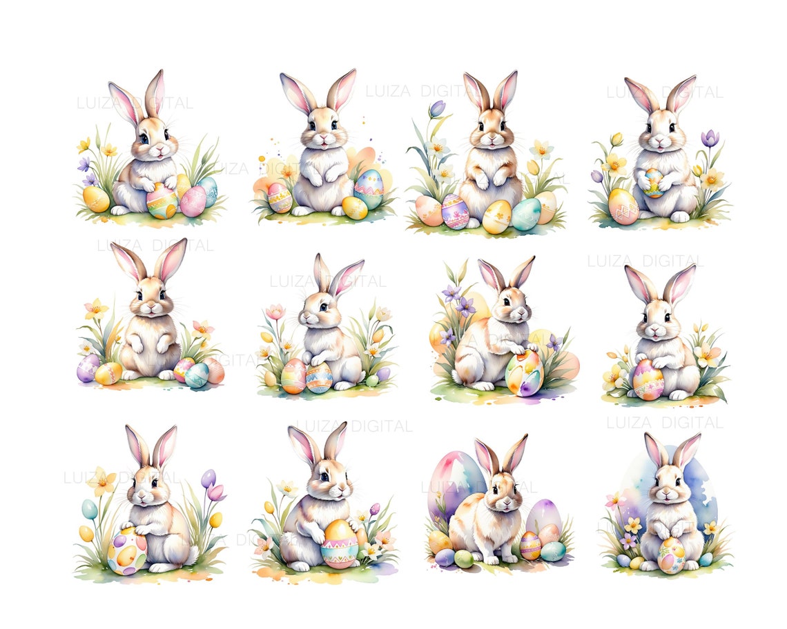 Watercolor Floral Bunny Clipart, Country Farmhouse Easter Bunny Clipart ...