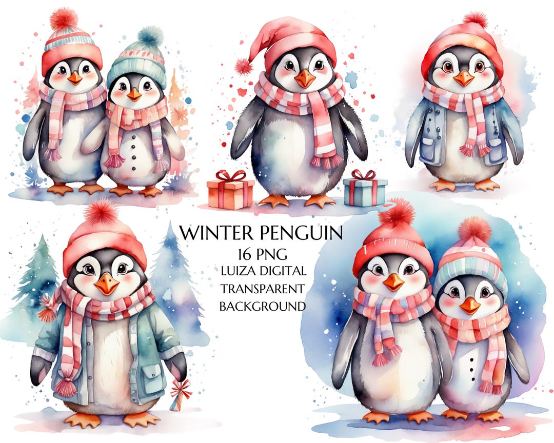 Christmas Penguin Clipart Bundle, Watercolor Holiday Penguin, Arctic ...