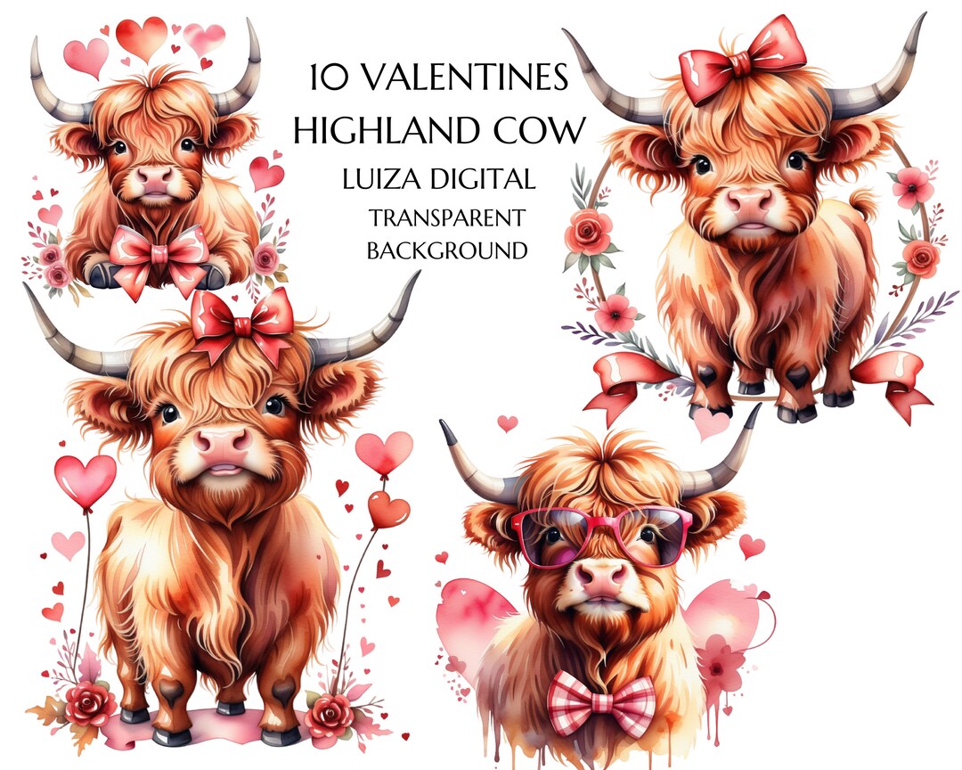 Watercolor Valentines Highland Cows Collection Clipart, PNG Valentines ...