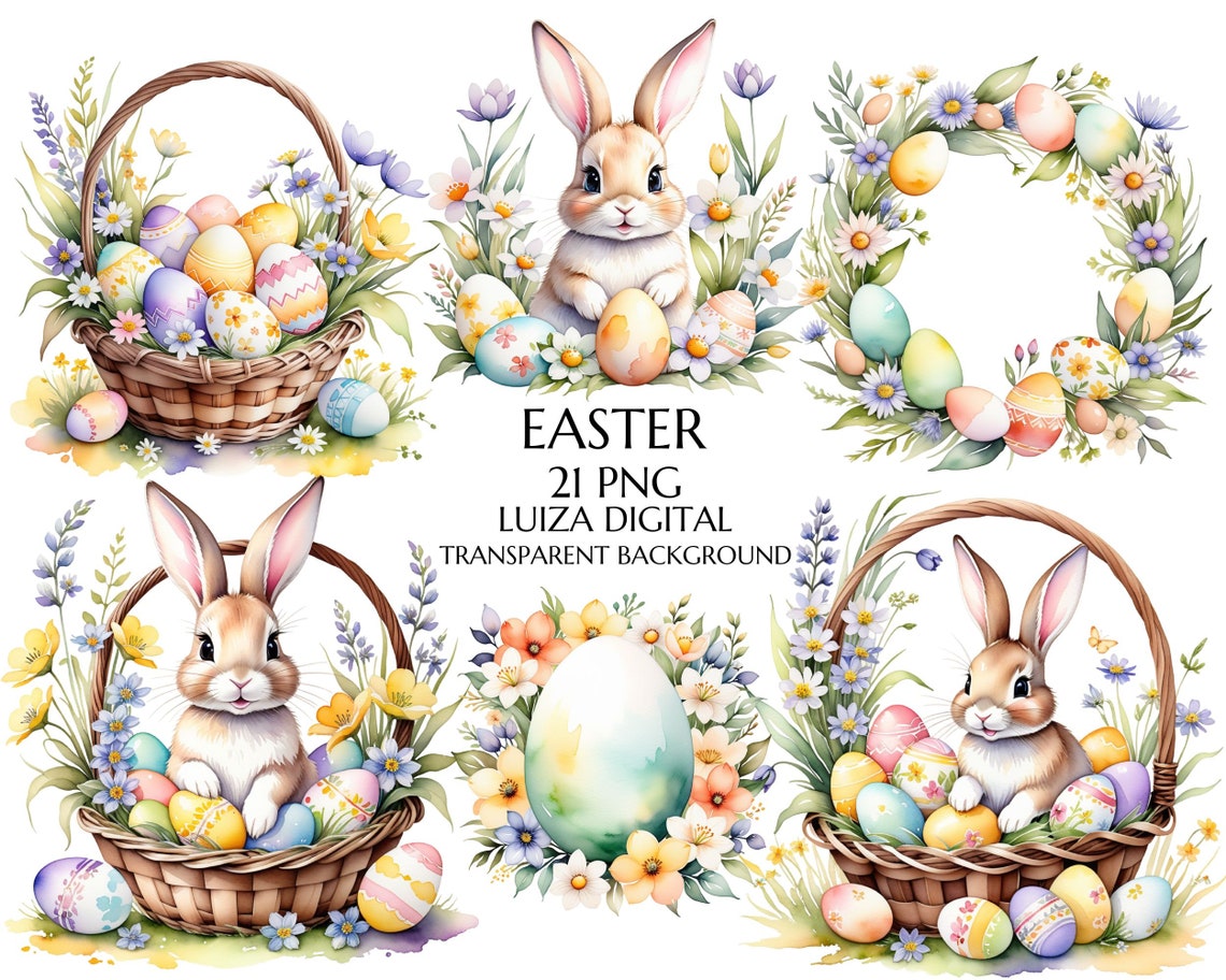 Easter Basket Clipart, Watercolor Floral Bunny Clipart, Country ...
