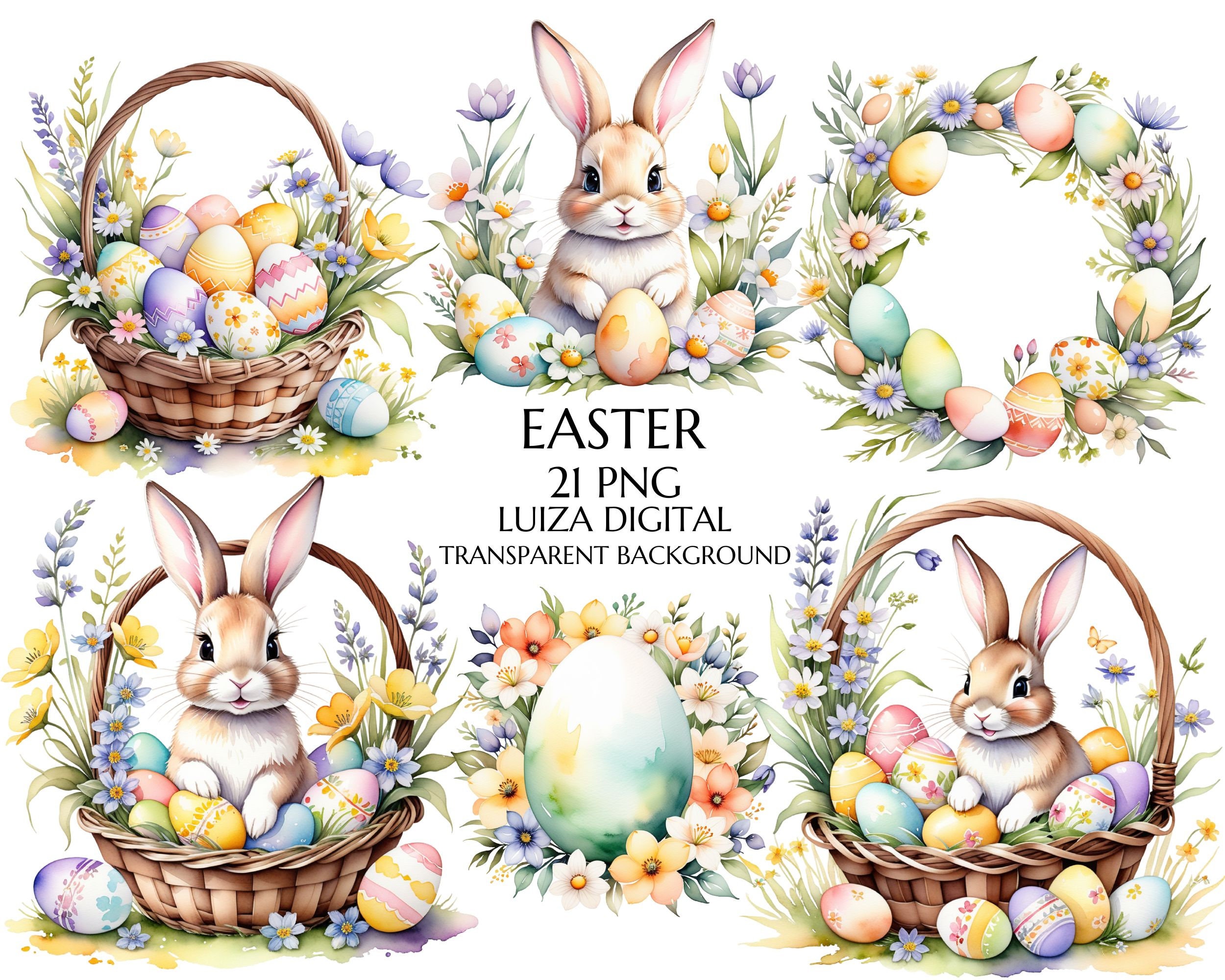 Easter Basket Clipart, Watercolor Floral Bunny Clipart, Country ...