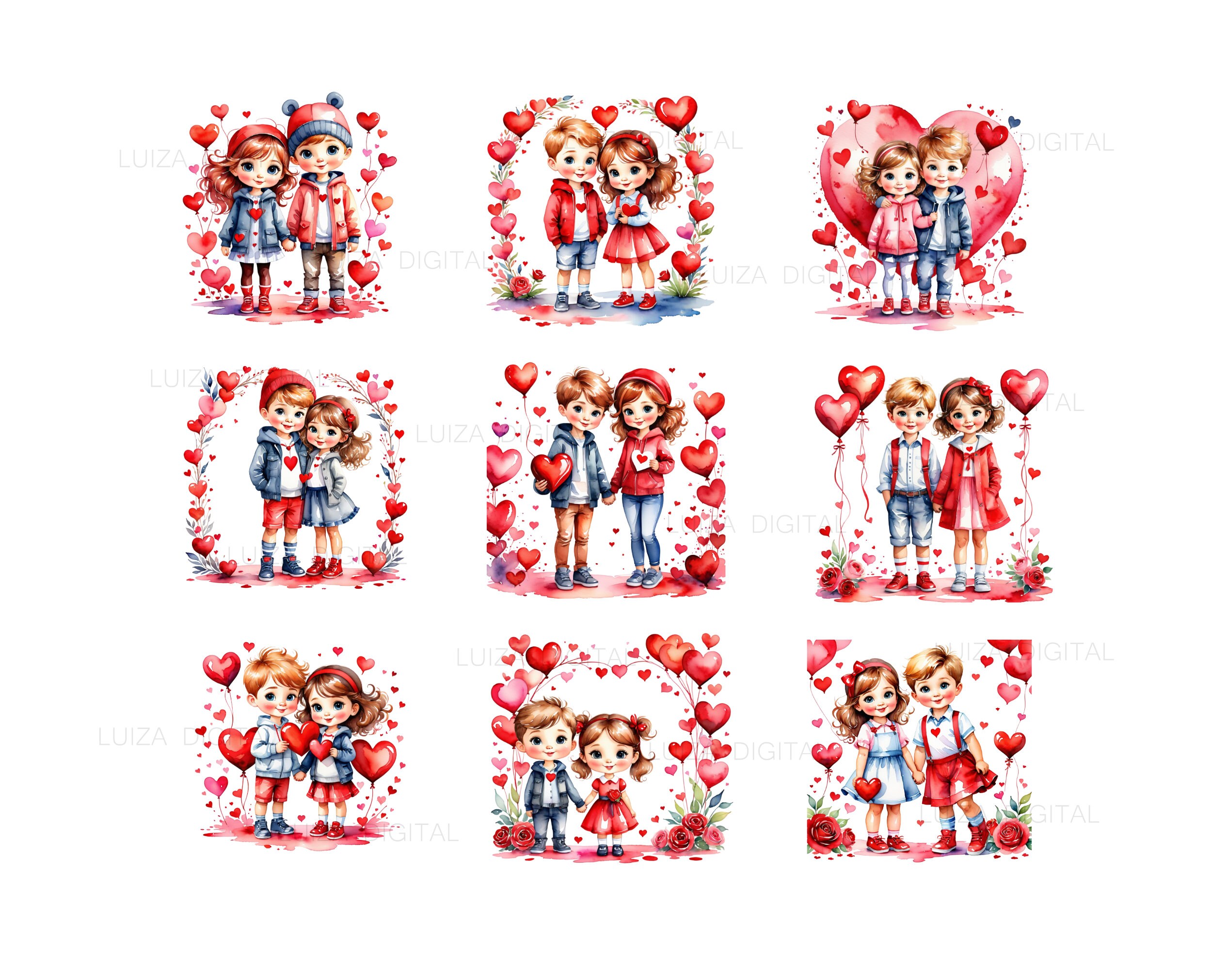 Watercolor Cute Valentine's Day Clipart, Kawaii Valentines Day Hearts ...