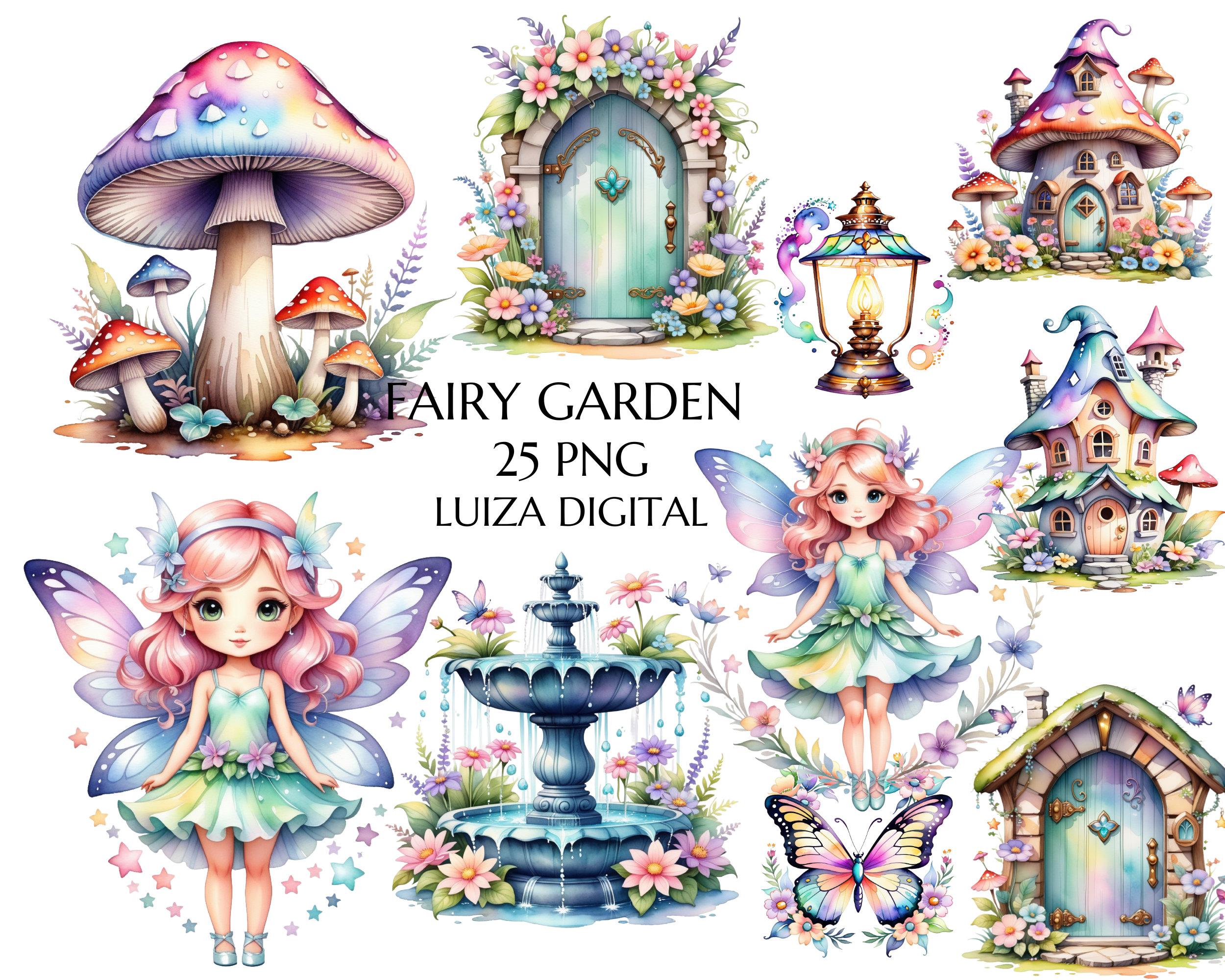 Pastel Adorable Fairy Girl Garden Clipart, Watercolor Fairy House ...