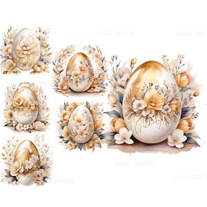 Floral Egg Clipart, Watercolor Easter Eggs Clipart, Gold Easter Egg PNG ...