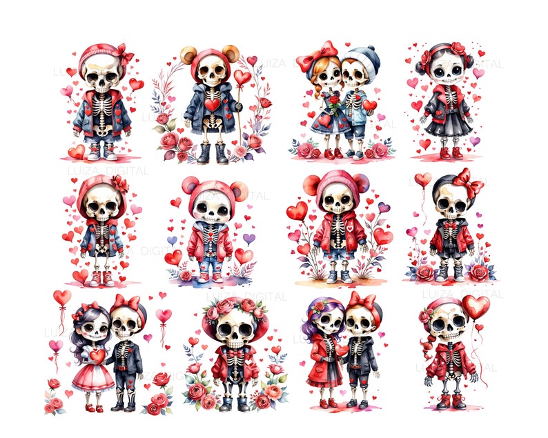 Valentine Skeleton Watercolor Clipart PNG, Cute Spooky Valentine Clip ...