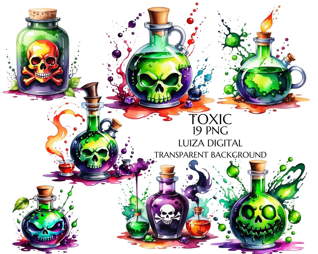 Watercolor Halloween Potions Clipart, Halloween Toxic Clipart, Potion ...