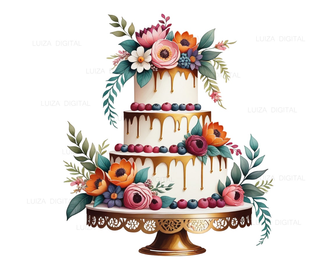 Wedding Cake Clipart, Boho Wedding Cake Clipart, Boho Wedding Flowers ...