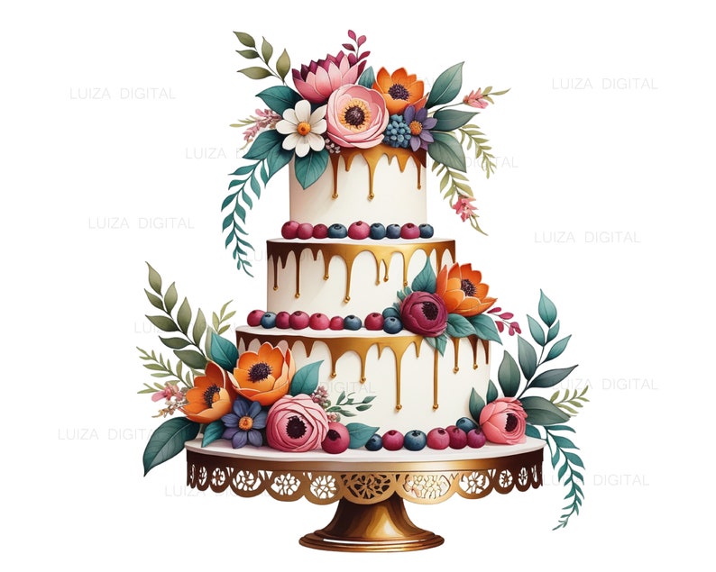 Wedding Cake Clipart, Boho Wedding Cake Clipart, Boho Wedding Flowers ...