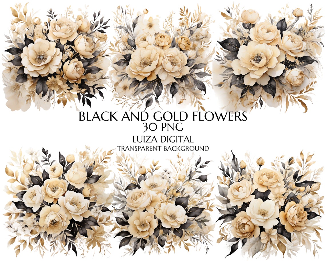 Black and Gold Flowers PNG, Watercolor Floral Clipart Bouquets, Wedding ...