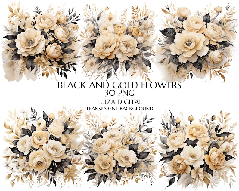Black and Gold Flowers PNG, Watercolor Floral Clipart Bouquets, Wedding ...