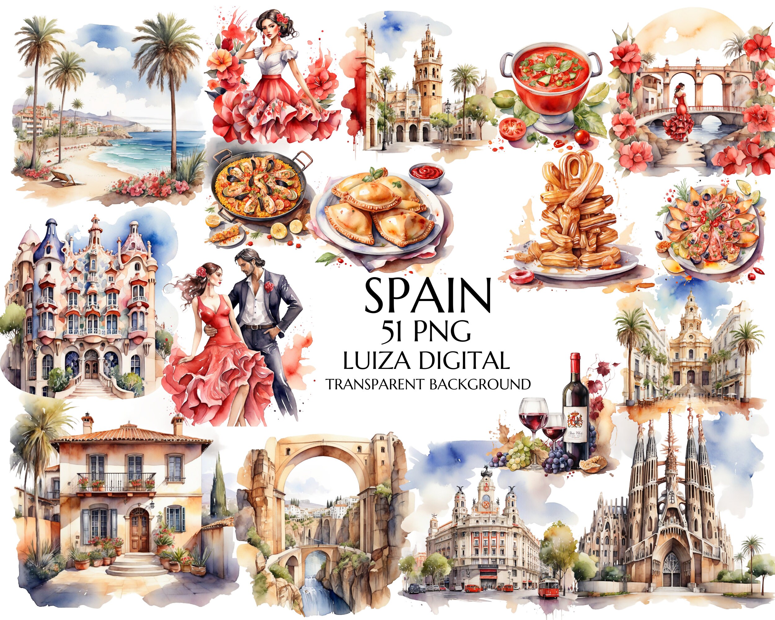 Watercolor Spanish Clipart, Spanish Aesthetic, Spanish Sceneries ...