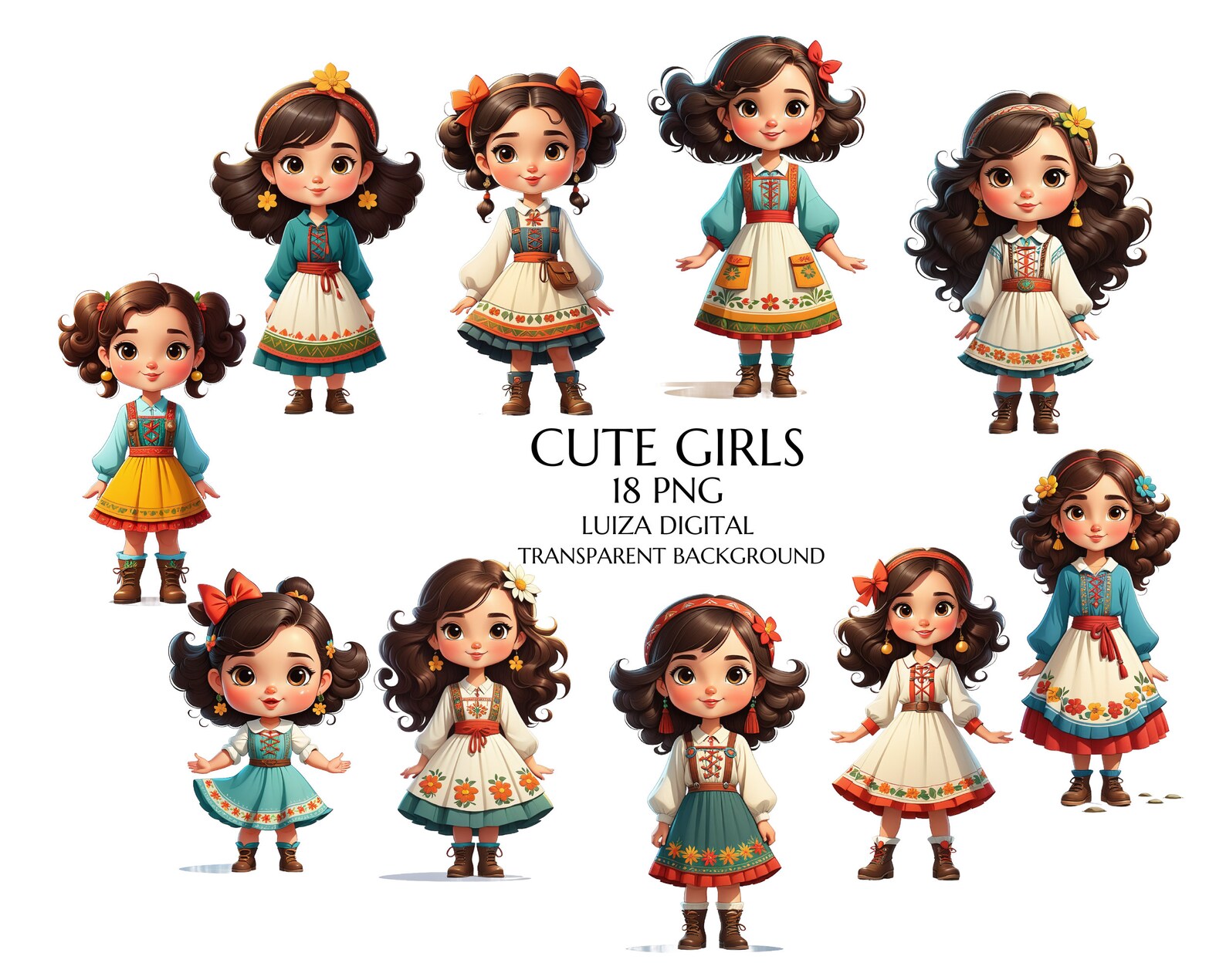 Cartoon Girl Folk Art Clipart, Scandinavian Valentines Girl, Folk Woman ...