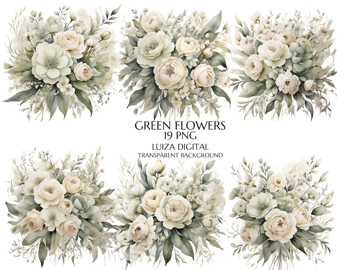 Sage Green and Ivory Flowers PNG, Watercolor Floral Clipart Bouquets ...