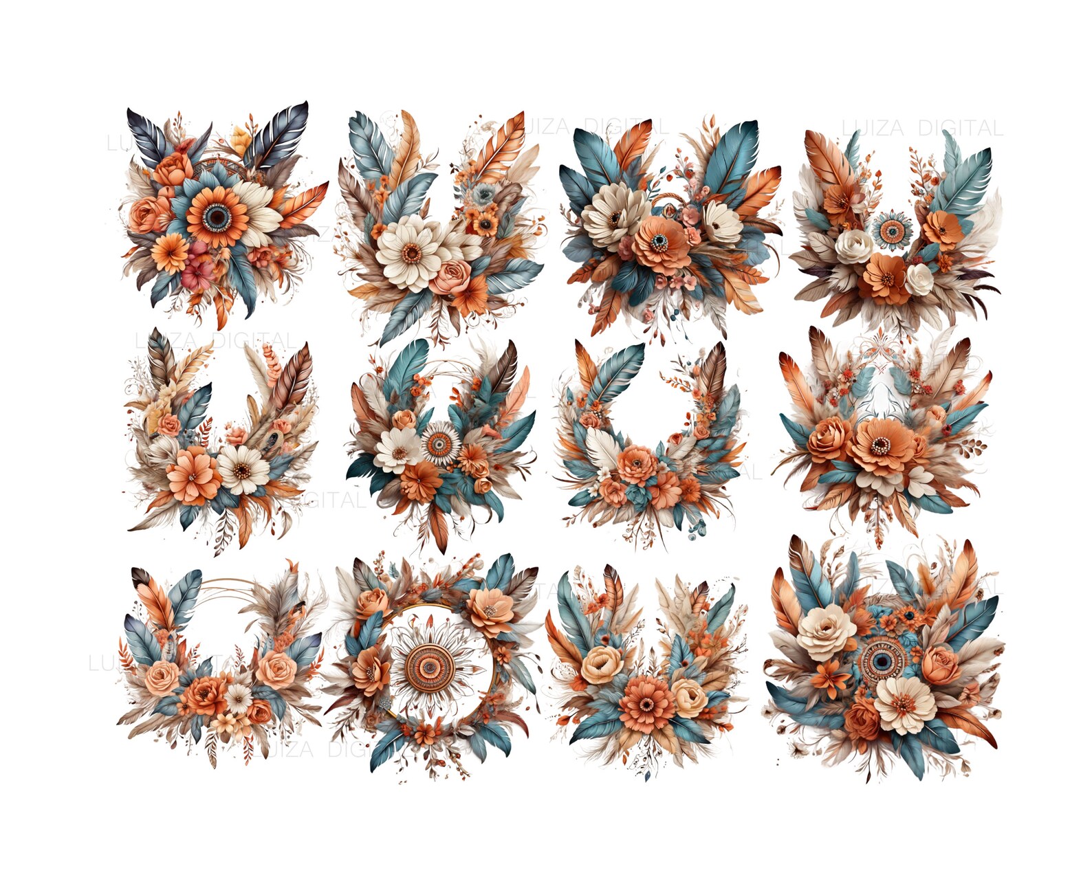 Boho Floral Clipart, Bohemian Bouquet Clipart, Meadow Flowers Clipart ...