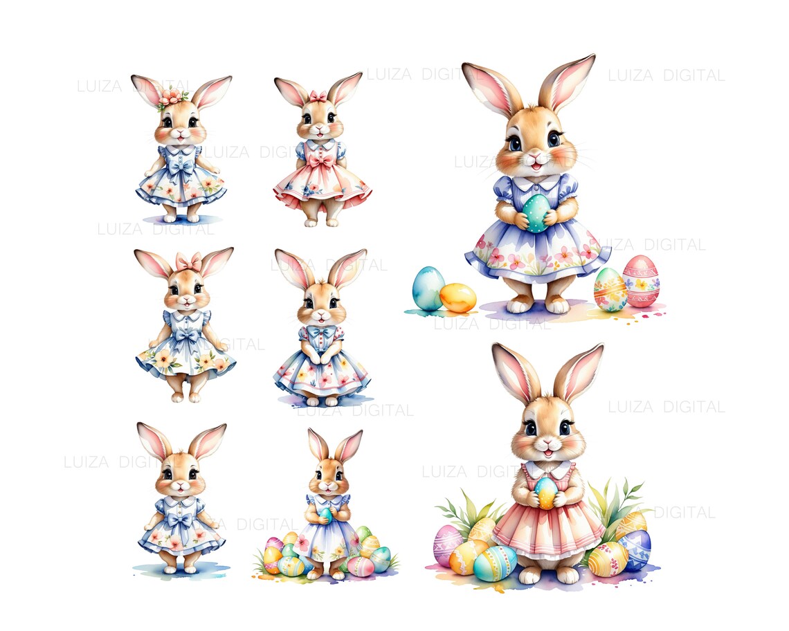 Watercolor Floral Bunny Clipart, Girl Easter Bunny in Dress Clipart ...