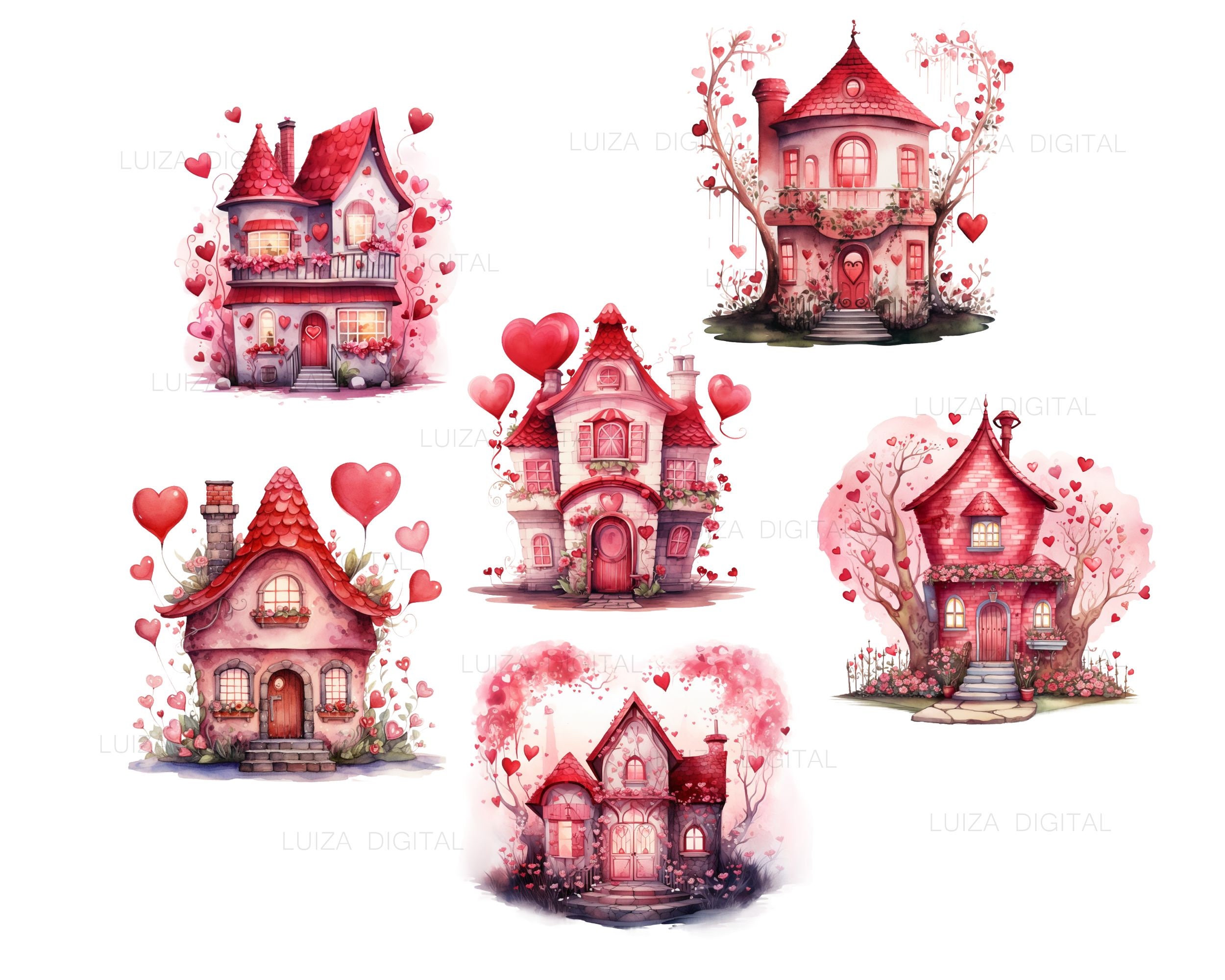Watercolor Valentines Day House Clipart, Whimsical Sweet Home Png ...