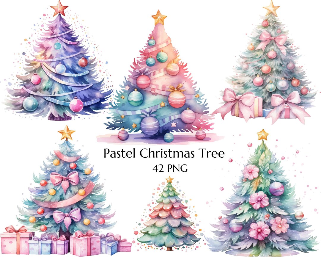 Watercolor Pastel Christmas Tree Cute Colorful Clipart Bundle of 42 ...