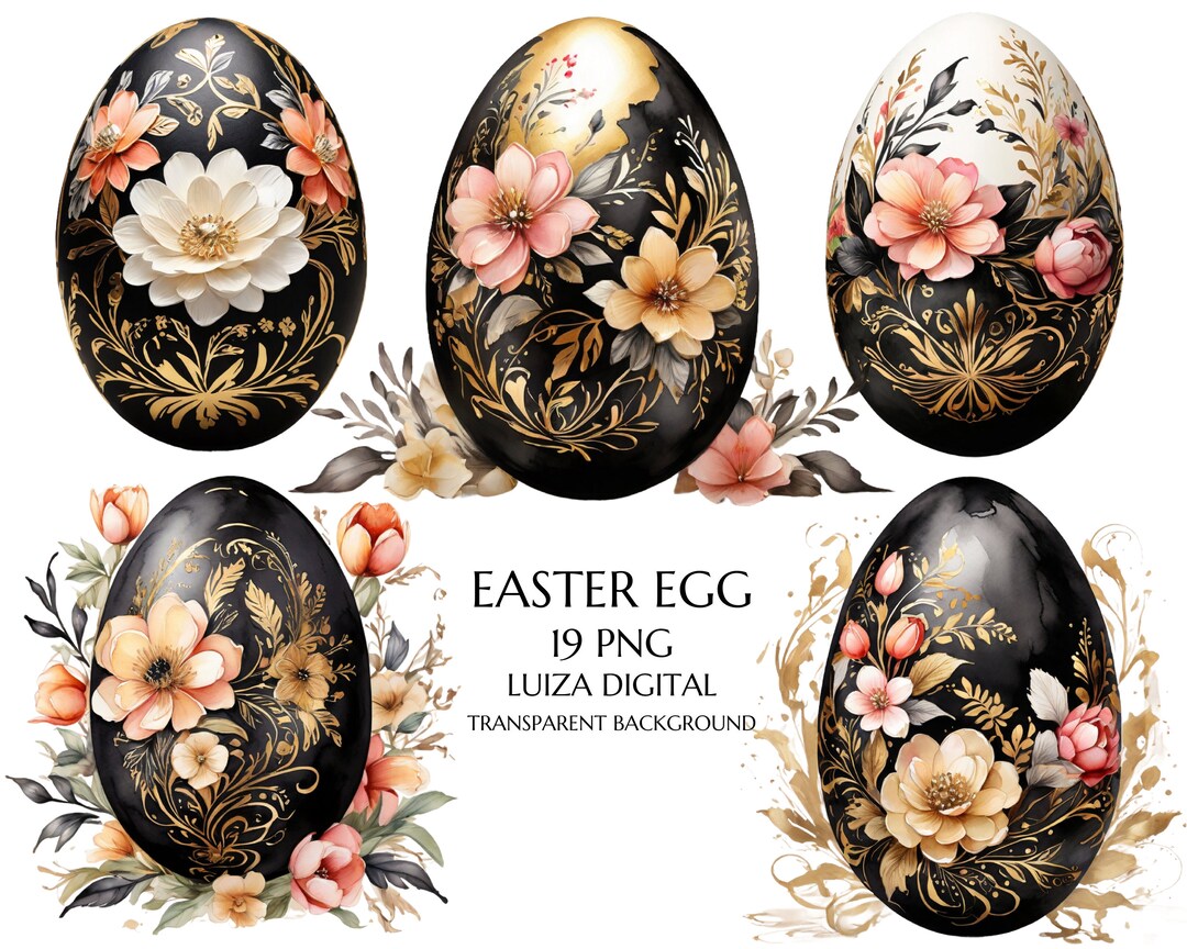 Elegant Floral Easter Egg Clipart, Gold Easter Egg Clipart, Transparent ...