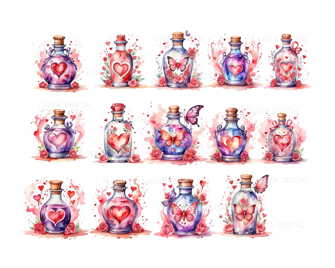 Watercolor Love Potions Clipart Watercolor Valentine Magic Potion ...