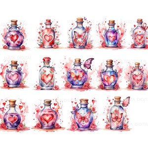 Watercolor Love Potions Clipart - Watercolor Valentine Magic Potion ...