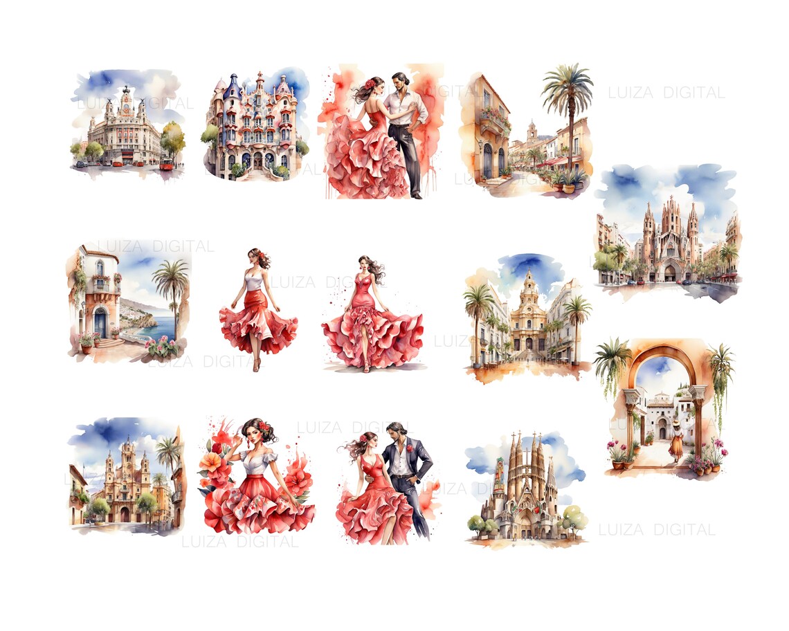 Watercolor Spanish Clipart, Spanish Aesthetic, Spanish Sceneries ...