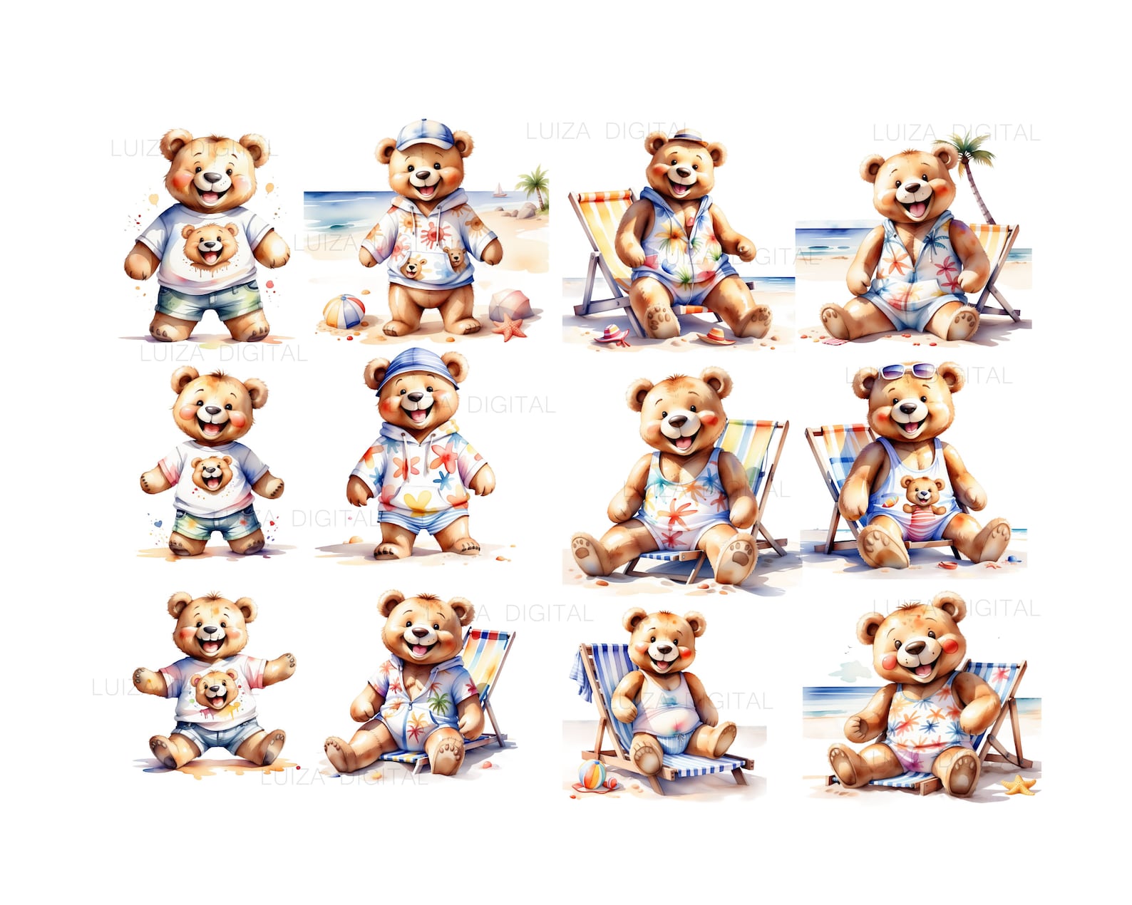 Beach Teddy Bear Clipart, Summer Nursery Clipart, Happy Baby Teddy Bear ...