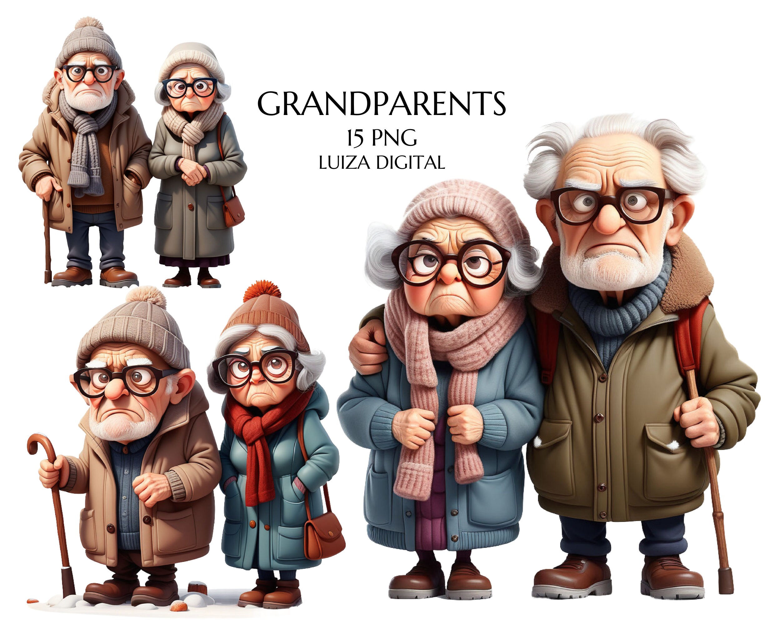 Cute Grumpy Old Couple Clipart, Old Lady and Old Man, Cartoon Grandma ...