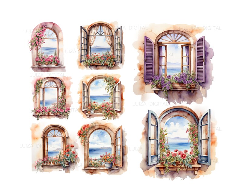 Watercolor Medirerranean Windows Clipart, Pink Floral Spring ...