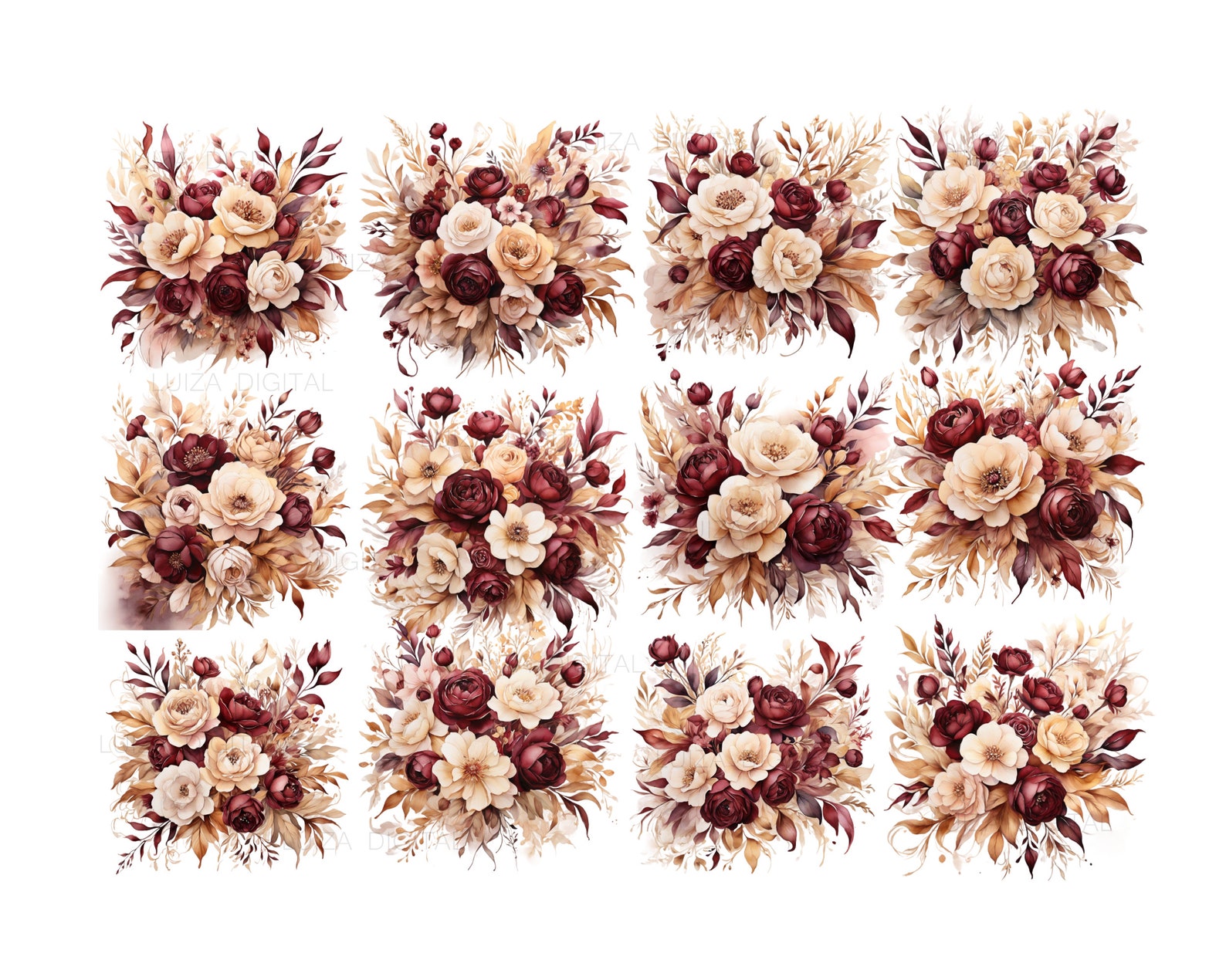 Burgundy and Gold Flowers PNG, Watercolor Burgundy Bouquets Clipart ...