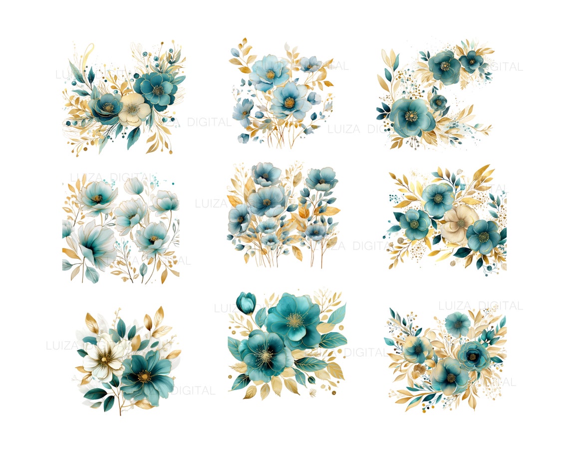 Teal and Gold Flowers PNG, Watercolor Floral Clipart Bouquets, Wedding ...
