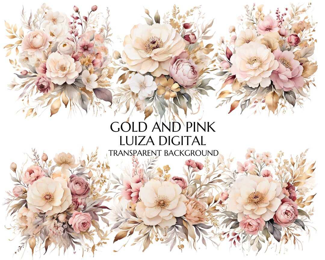 Rose Gold Flowers PNG, Watercolor Floral Clipart Bouquets, Wedding ...