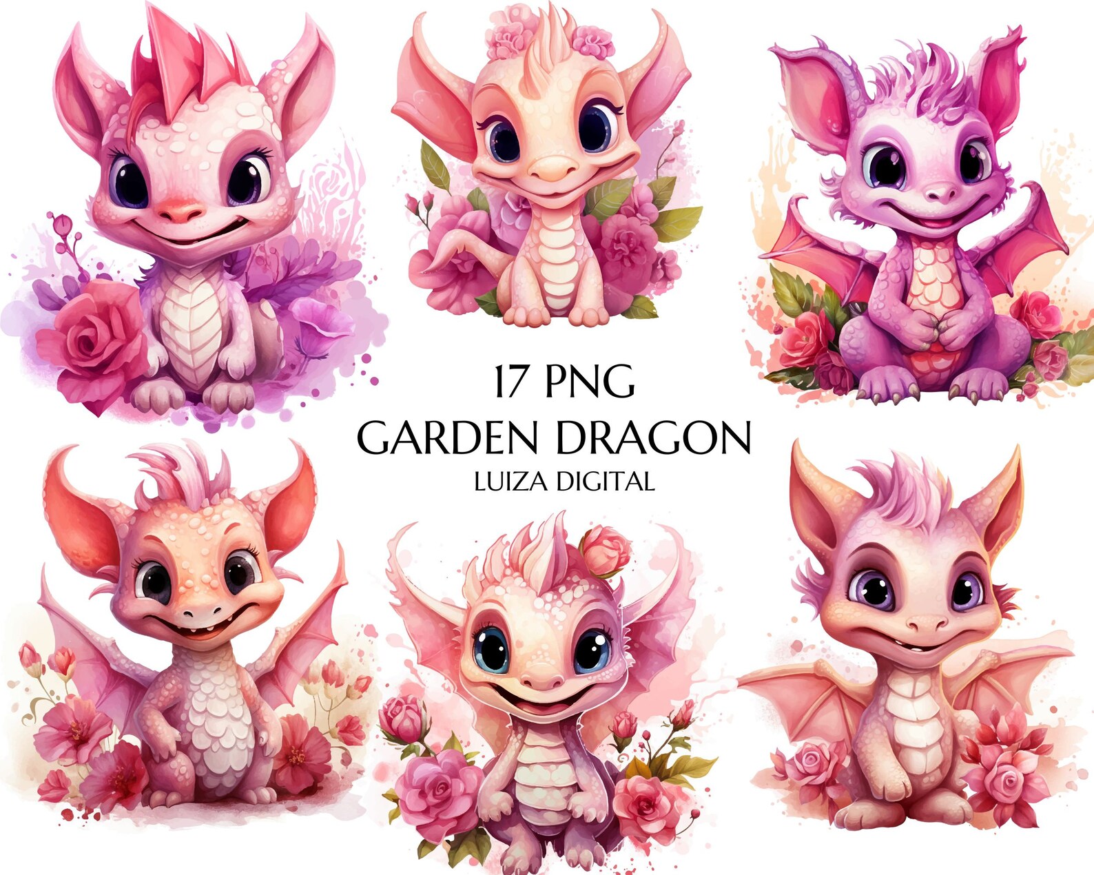 Cute Pink Baby Dragon Clipart Bundle, Watercolor Fantasy Floral Dragon ...