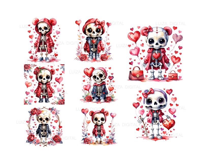 Valentine Skeleton Watercolor Clipart PNG, Cute Spooky Valentine Clip ...
