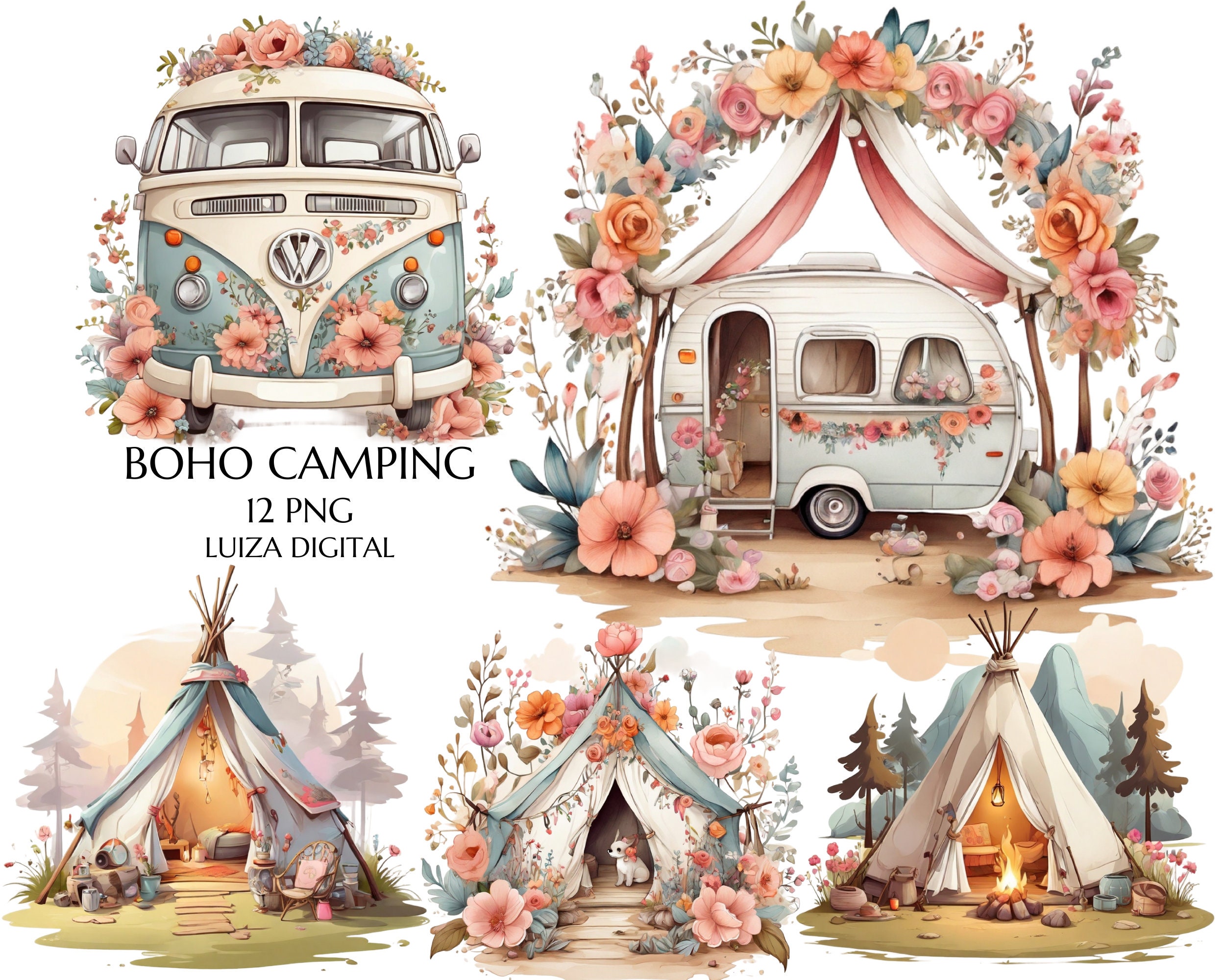Watercolor Boho Caravan Clipart Bundle, Cute Floral Camper Vans, Cozy ...