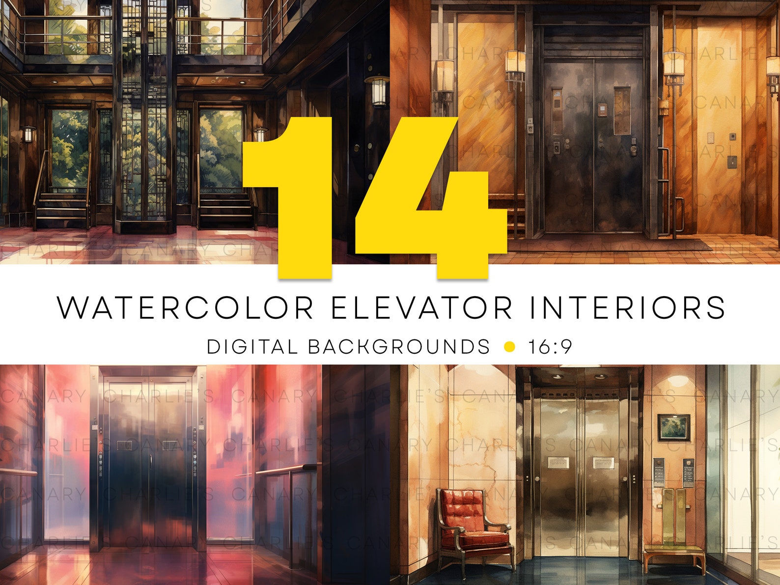 Watercolor Elevators Virtual Background, Zoom Background, Streamer Twitch Background, Vtuber ...