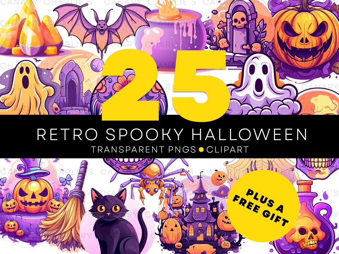 Retro Spooky Halloween Clip Art Bundle Transparent Pngs for - Etsy
