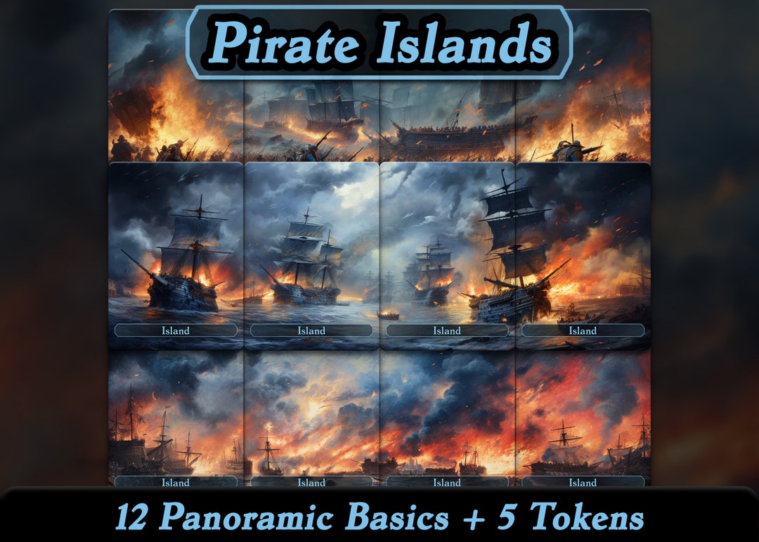 Set of 12 Panoramic Pirate Island Basic Lands MTG Proxies Plus 5 Tokens ...