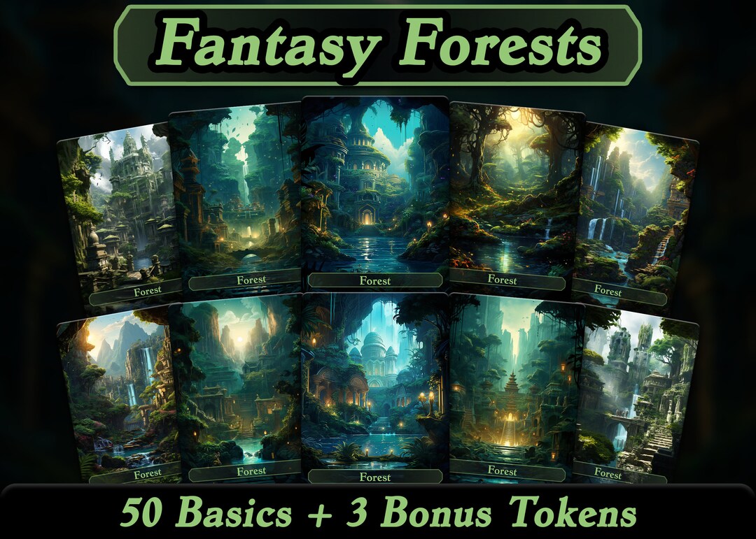 Set of 50 Fantasy Forest Basic Land MTG Proxies Plus 3 Tokens, Alternative Full Art Proxy Cards ...