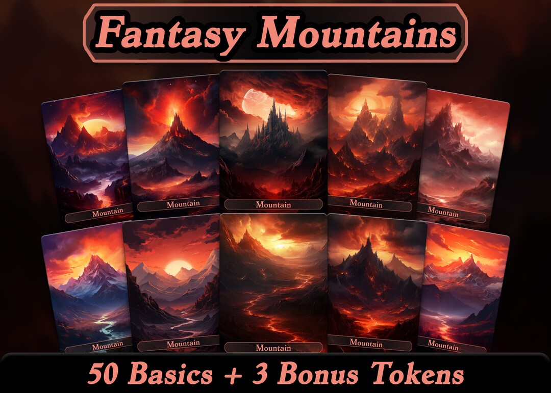 Set of 50 Fantasy Mountain Basic Land MTG Proxies, Alternative Full Art Proxy Cards, Quality ...